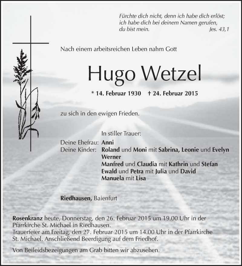 Traueranzeigen von Hugo Wetzel | schwaebische.de Trauerportal