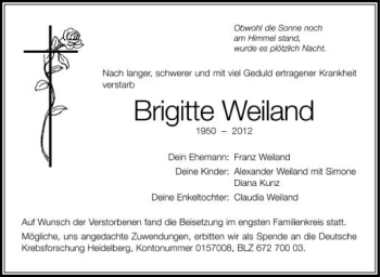 Traueranzeigen von Brigitte Weiland | schwaebische.de Trauerportal