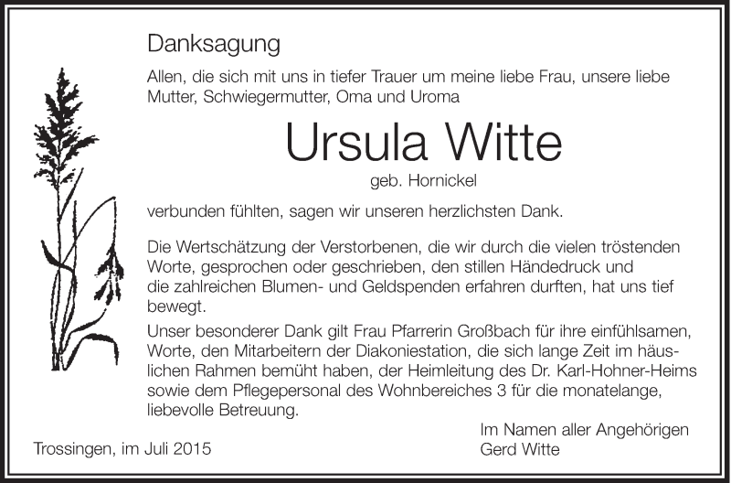 Traueranzeigen von Ursula Witte | schwaebische.de Trauerportal