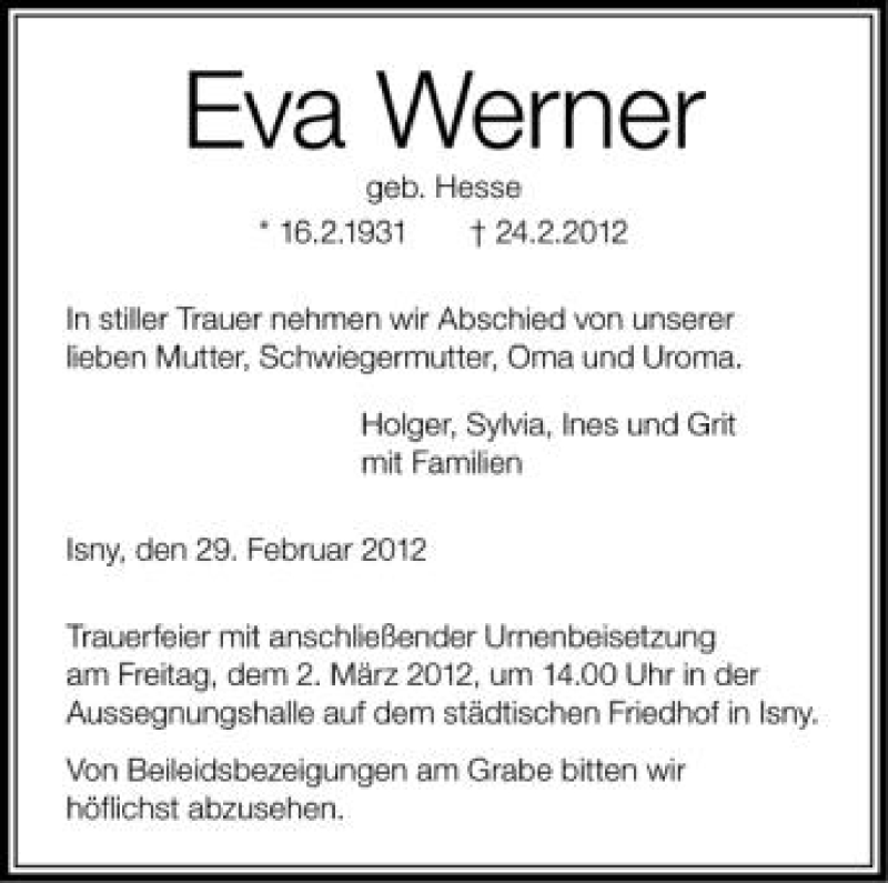 Traueranzeigen von Eva Werner | schwaebische.de Trauerportal