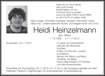 Traueranzeigen von Heidi Heinzelmann | schwaebische.de Trauerportal