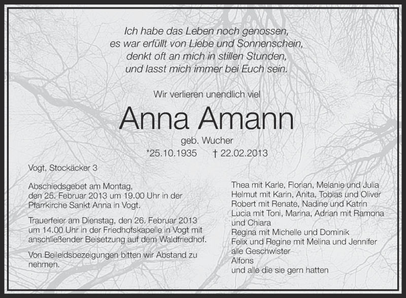 Traueranzeigen von Anna Amann | schwaebische.de Trauerportal
