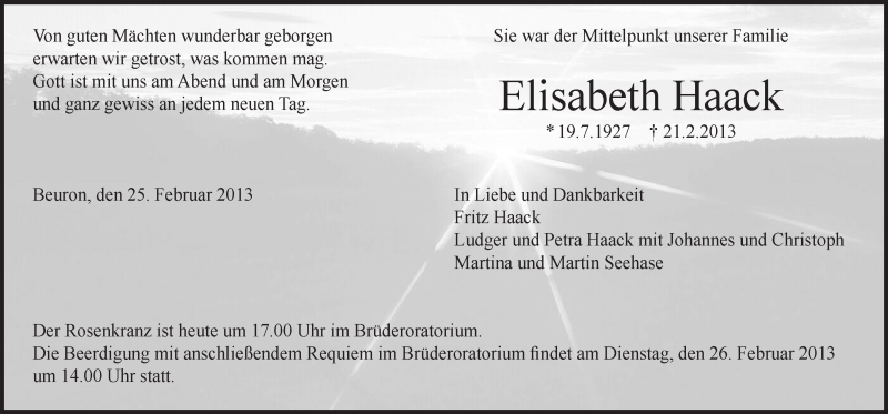 Traueranzeigen von Elisabeth Haack | schwaebische.de Trauerportal