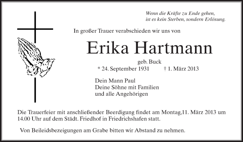 Traueranzeigen von Erika Hartmann | schwaebische.de Trauerportal