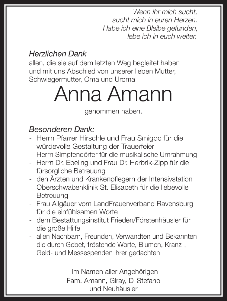 Traueranzeigen von Anna Amann | schwaebische.de Trauerportal