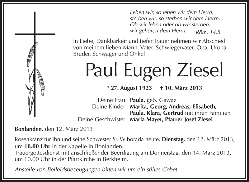 Traueranzeigen von Paul Eugen Ziesel | schwaebische.de Trauerportal