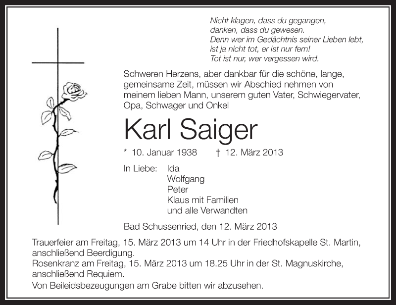 Traueranzeigen von Karl Saiger | schwaebische.de Trauerportal
