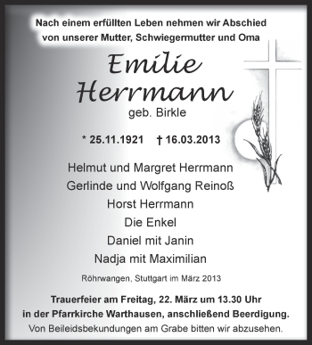 Traueranzeigen von Emilie Herrmann | schwaebische.de Trauerportal