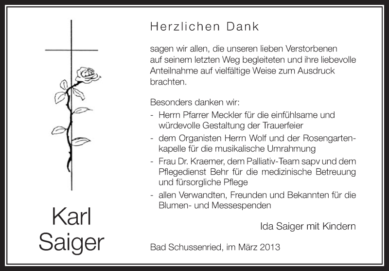 Traueranzeigen von Karl Saiger | schwaebische.de Trauerportal