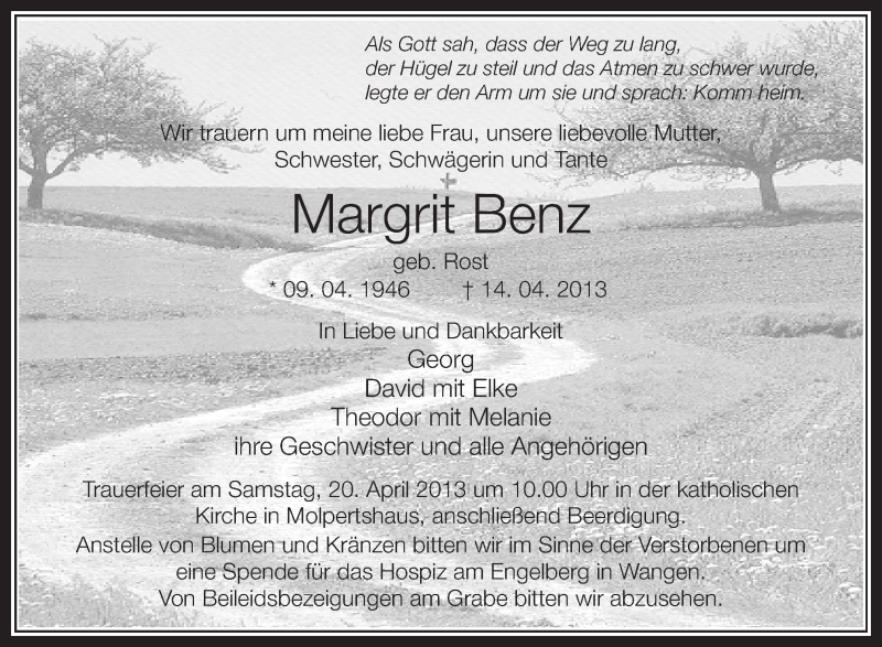 Traueranzeigen von Margrit Benz | schwaebische.de Trauerportal