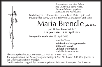 Traueranzeigen von Maria Brendle | schwaebische.de Trauerportal