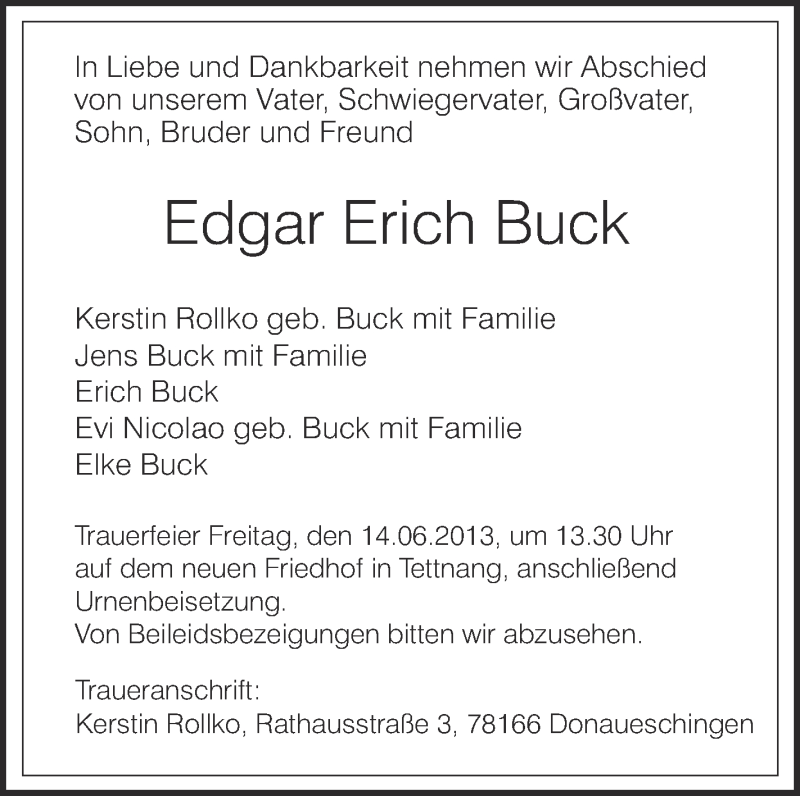Traueranzeigen von Edgar Erich Buck | schwaebische.de Trauerportal