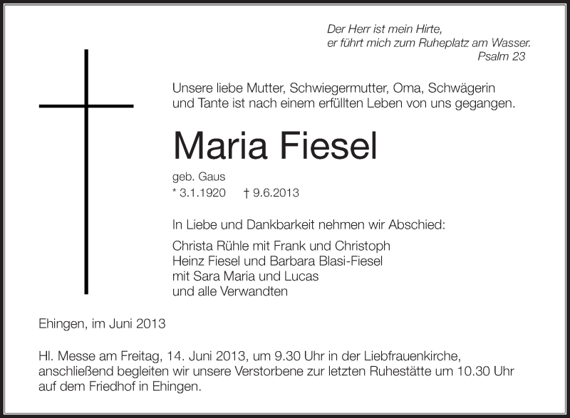 Traueranzeigen von Maria Fiesel | schwaebische.de Trauerportal