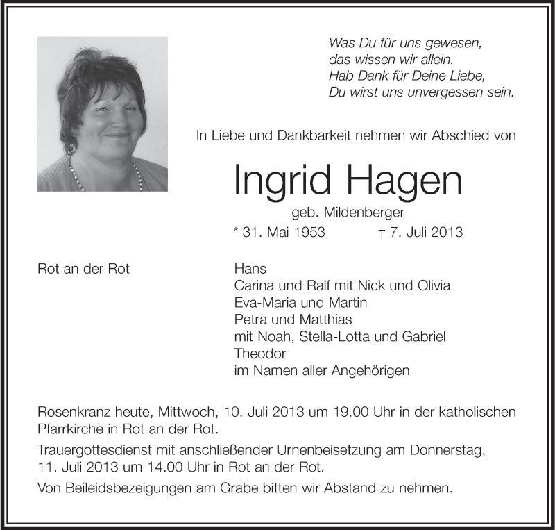 Traueranzeigen von Ingrid Hagen | schwaebische.de Trauerportal