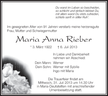 Traueranzeigen von Maria Anna Rieber | schwaebische.de Trauerportal
