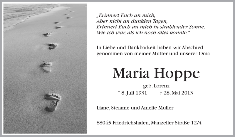 Traueranzeigen von Maria Hoppe | schwaebische.de Trauerportal