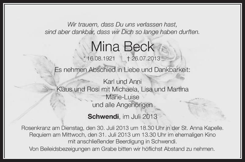 Traueranzeigen von Mina Beck | schwaebische.de Trauerportal