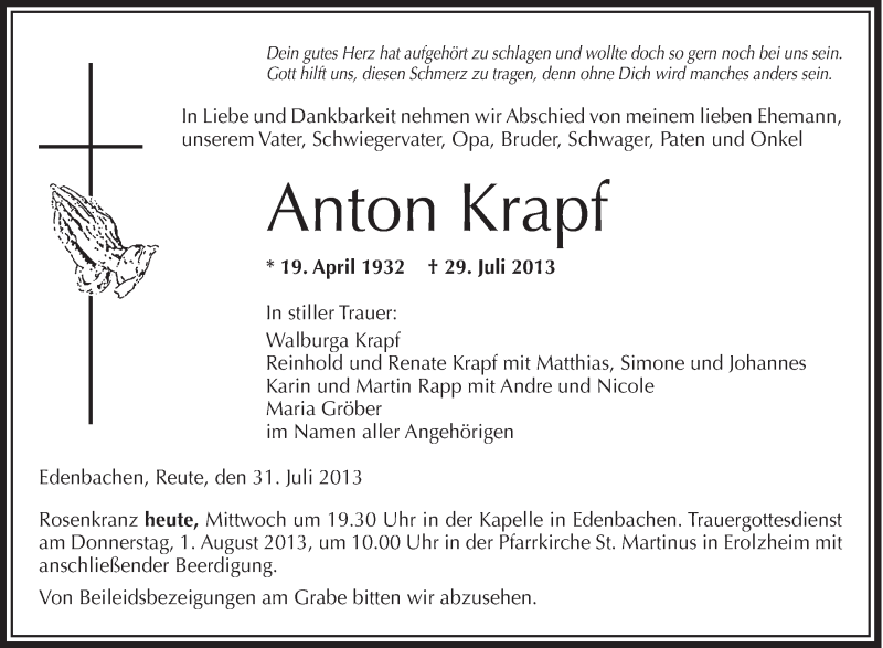 Traueranzeigen von Anton Krapf | schwaebische.de Trauerportal
