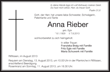 Traueranzeigen von Anna Rieber | schwaebische.de Trauerportal