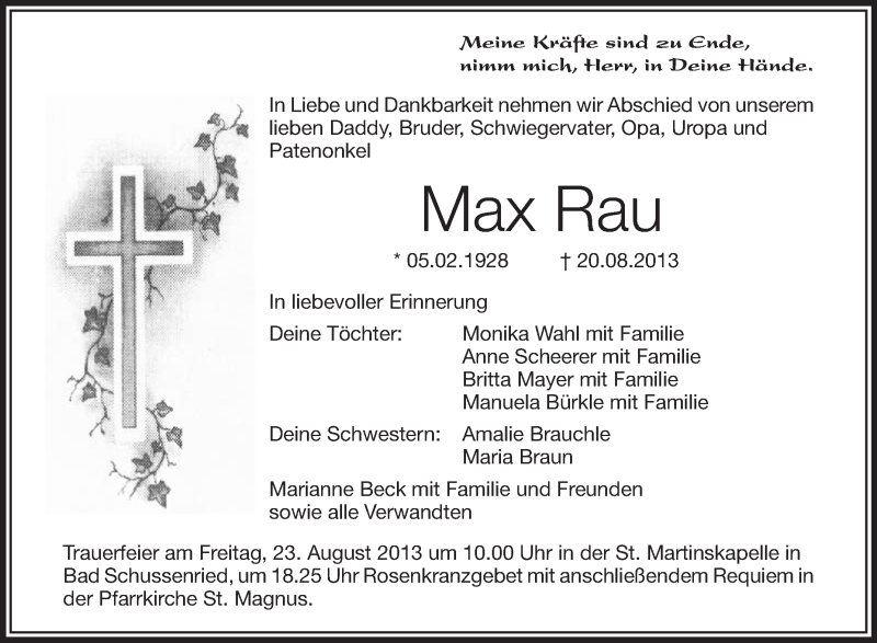 Traueranzeigen von Max Rau | schwaebische.de Trauerportal