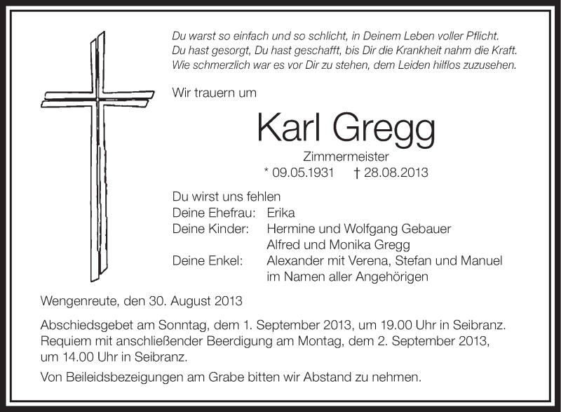 Traueranzeigen von Karl Gregg | schwaebische.de Trauerportal