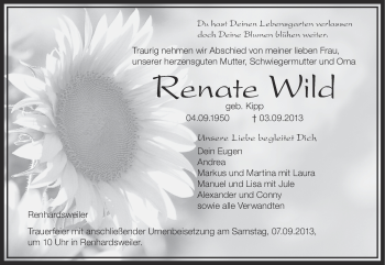 Traueranzeigen von Renate Wild | schwaebische.de Trauerportal