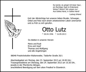 Traueranzeigen von Otto Lutz | schwaebische.de Trauerportal