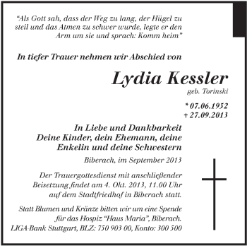 Traueranzeigen von Lydia Kessler | schwaebische.de Trauerportal