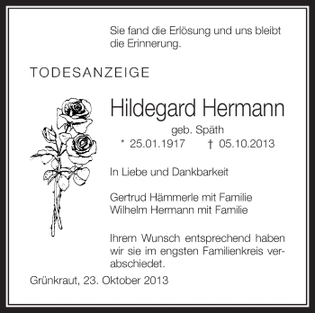 Traueranzeigen von Hildegard Hermann | schwaebische.de Trauerportal