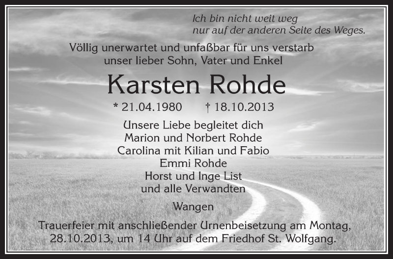 Traueranzeigen von Karsten Rohde | schwaebische.de Trauerportal