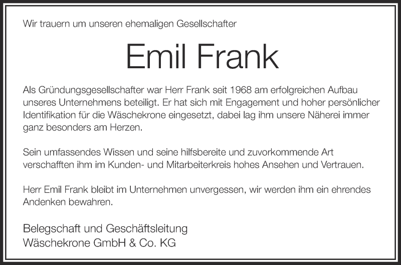 Traueranzeigen von Emil Frank | schwaebische.de Trauerportal