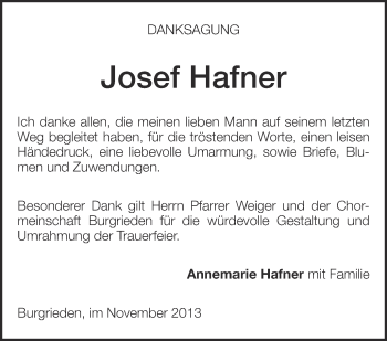 Traueranzeigen von Josef Hafner | schwaebische.de Trauerportal