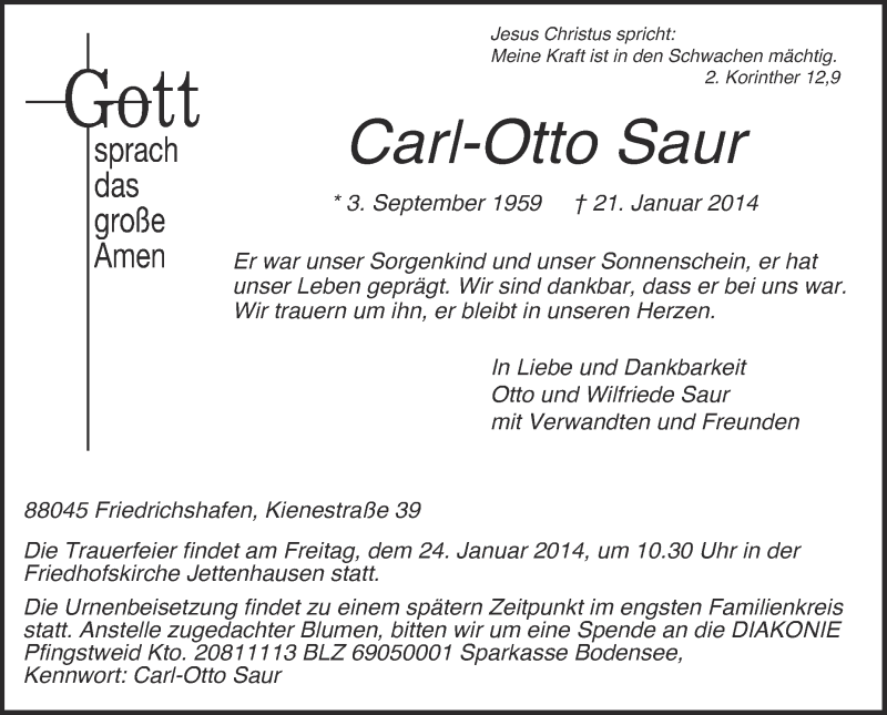Traueranzeigen von Carl-Otto Saur | schwaebische.de Trauerportal