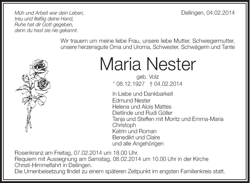 Traueranzeigen von Maria Nester | schwaebische.de Trauerportal