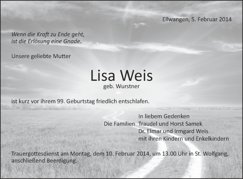 Traueranzeigen von Lisa Weis | schwaebische.de Trauerportal