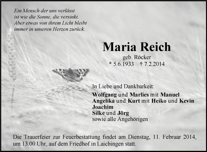 Traueranzeigen von Maria Reich | schwaebische.de Trauerportal