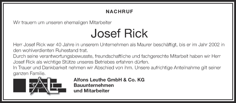 Traueranzeigen von Josef Rick | schwaebische.de Trauerportal