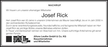 Traueranzeigen von Josef Rick | schwaebische.de Trauerportal