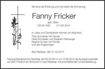 Traueranzeigen von Fanny Fricker | schwaebische.de Trauerportal