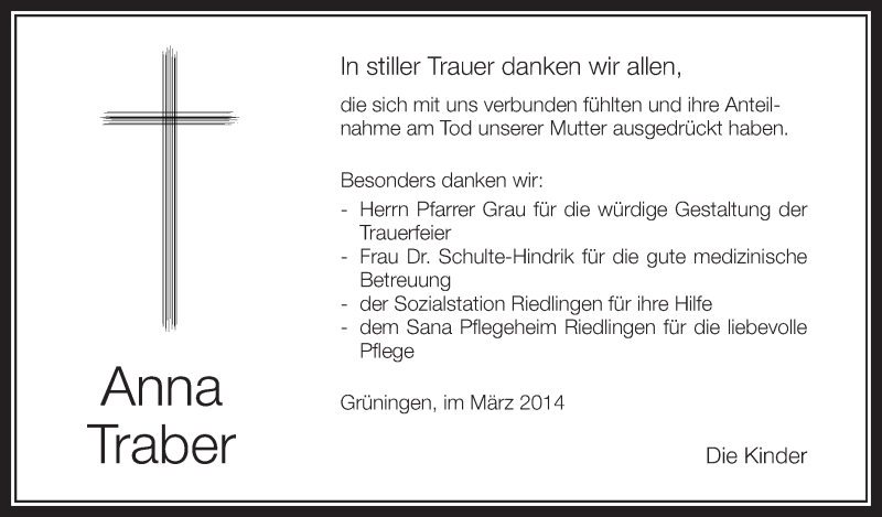 Traueranzeigen von Anna Traber | schwaebische.de Trauerportal