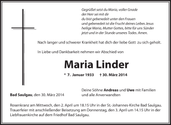 Traueranzeigen von Maria Linder | schwaebische.de Trauerportal