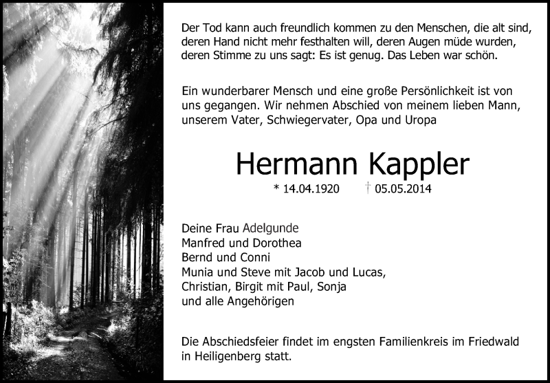 Traueranzeigen von Hermann Kappler | schwaebische.de Trauerportal