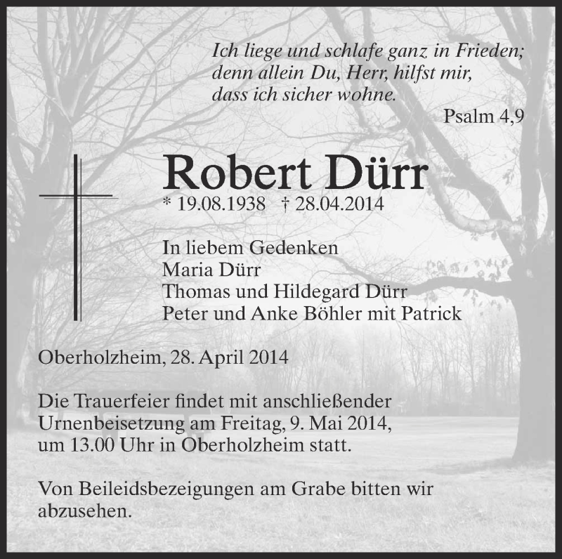 Traueranzeigen von Robert Dürr | schwaebische.de Trauerportal