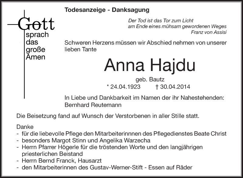 Traueranzeigen von Anna Hajdu | schwaebische.de Trauerportal