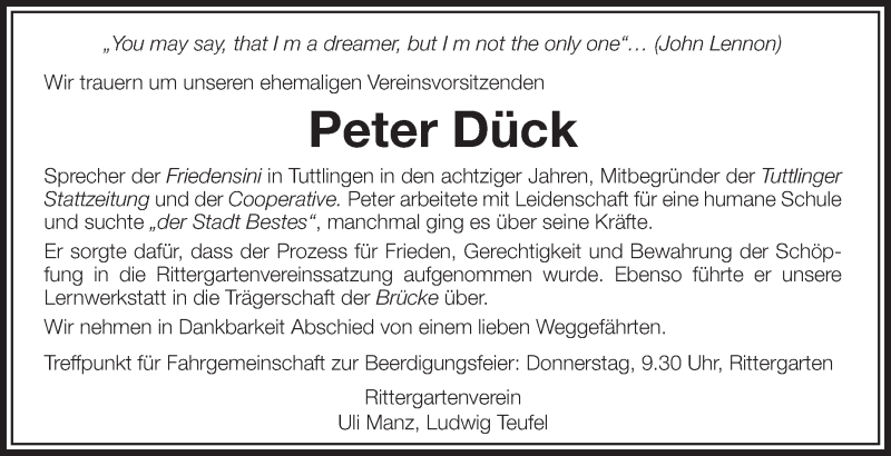 Traueranzeigen von Peter Dück | schwaebische.de Trauerportal