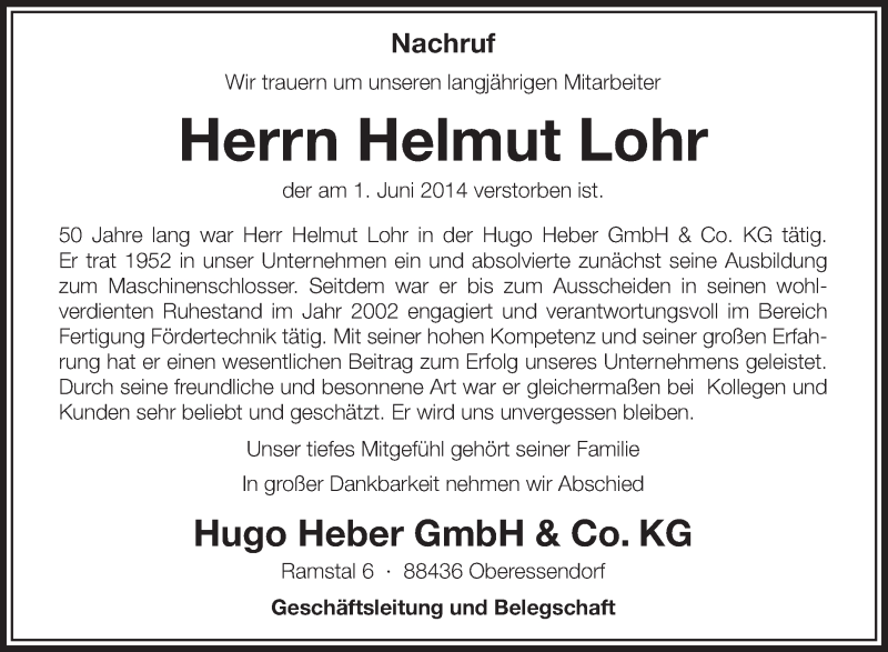 Traueranzeigen von Helmut Lohr | schwaebische.de Trauerportal