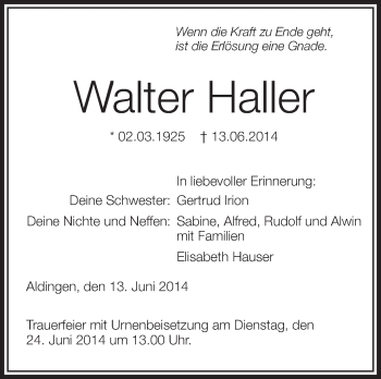 Traueranzeigen von Walter Haller | schwaebische.de Trauerportal