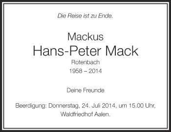 Traueranzeigen von Hans-Peter Mack | schwaebische.de Trauerportal