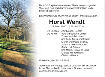 Traueranzeigen von Horst Wendt | schwaebische.de Trauerportal