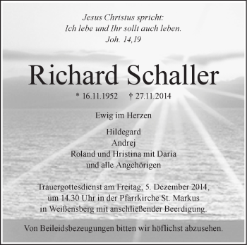 Traueranzeigen von Richard Schaller | schwaebische.de Trauerportal